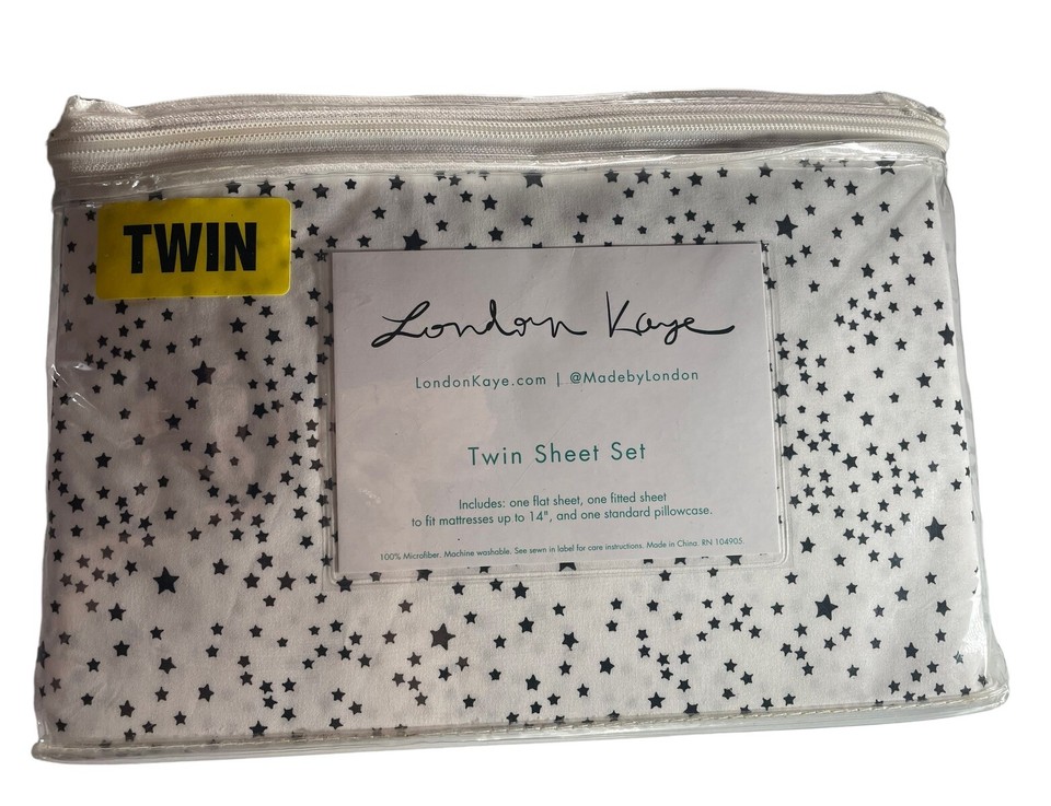 London Kaye Black Stars On White Dreamy Night Twin Size Sheet 3 Piece ...