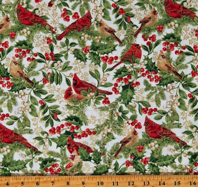 Cotton Cardinals on Branches Metallic Gold Fabric Print by the Yard ...