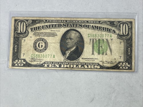 1934 Chicago $10 LGS Light Green Seal Federal Reserve Note Very Fine ...