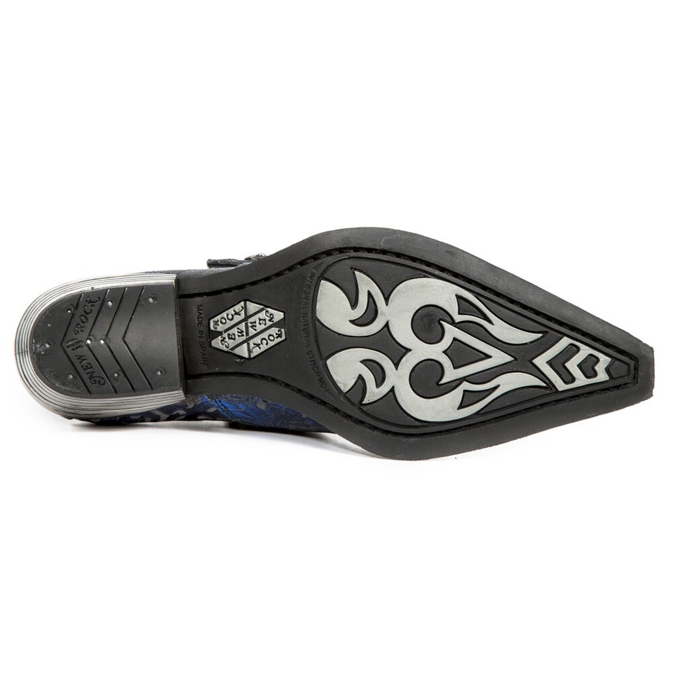 NEW ROCK 7960-S7 Shoe EMBOSSED VINTAGE Blue Leather Buckle Steel Heel ...