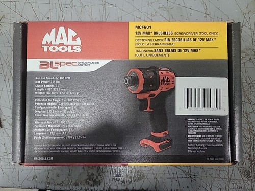 MAC TOOLS 12V MAX Brushless Screwdriver MCF601 1/4" Drill Drive (Tool Only) New 885911904353| eBay