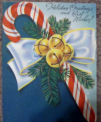 Vintage Christmas Mid Century Card - Candy Cane & Jingle Bells Rust ...