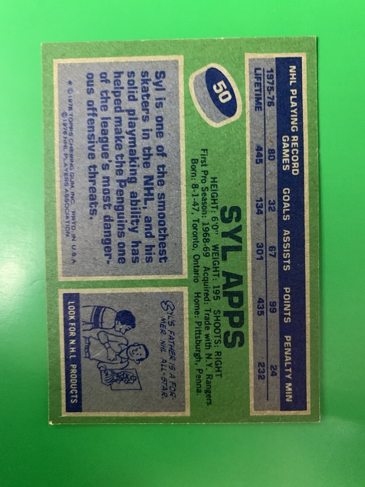 1976-77 Topps Syl Apps Pittsburgh Penguins #50 | eBay
