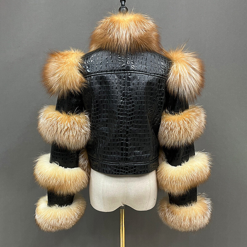 Women Leather Jacket Fox Fur Crocodile Pattern Sheepskin Fashion Short ...
