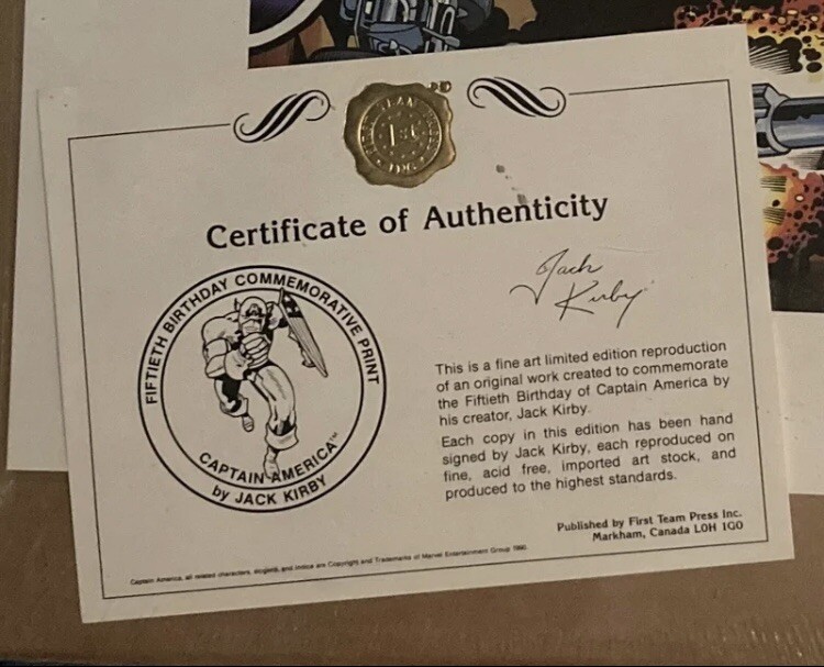 JACK KIRBY SIGNED CAPTAIN AMERICA 50th ANNIVERSARY PRINT MARVEL COMICS ...