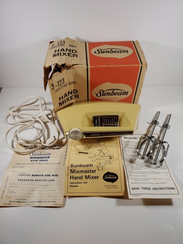 Sunbeam HM12DW Mixmaster Hand Mixer 1972 Gold W/Manual Box Beaters ...