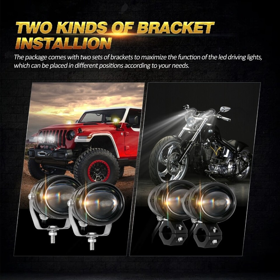 LED Motorcycle Headlights Driving Fog Spot Lights White Amber Strobe ...