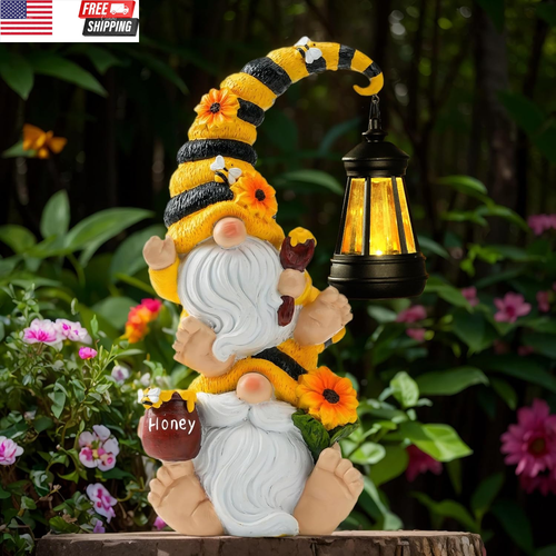 Solar Bee Garden Gnomes with LED Lantern – Waterproof Stacked Outdoor ...