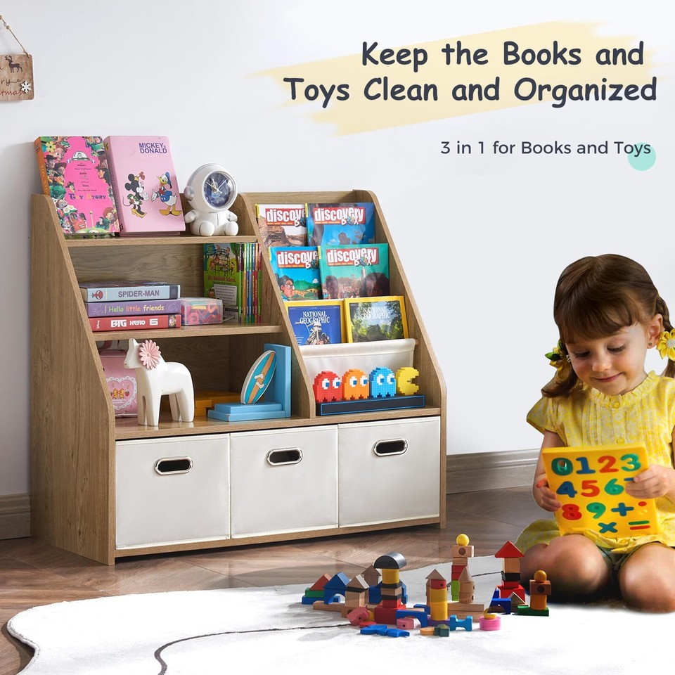 3-in-1 Kids Bookshelf Toy Storage Cabinet Kids Toy Organizer Cubicles ...