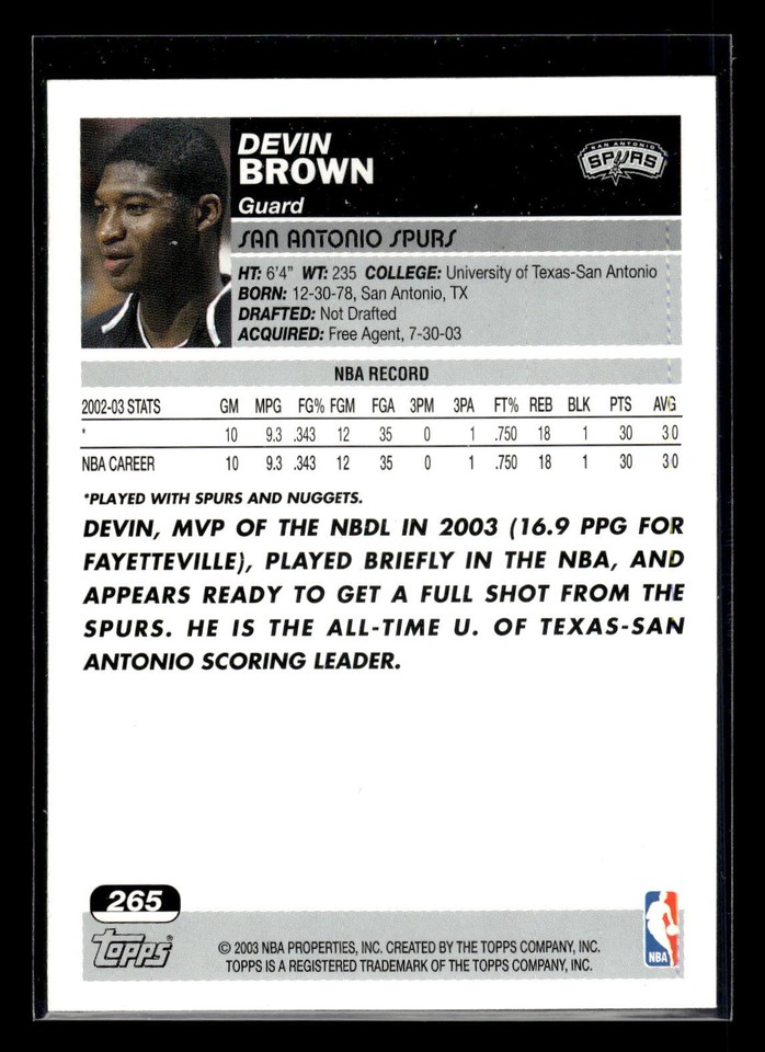 2003 Topps Collection #265 Devin Brown Rookie Mint+ New | eBay