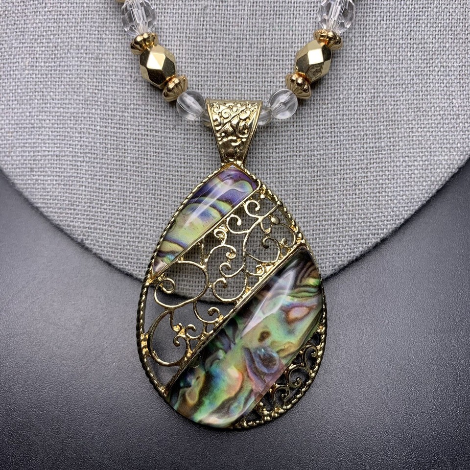 Teardrop Pendant Necklace Beaded Faux Abalone Look Filigree Style ...