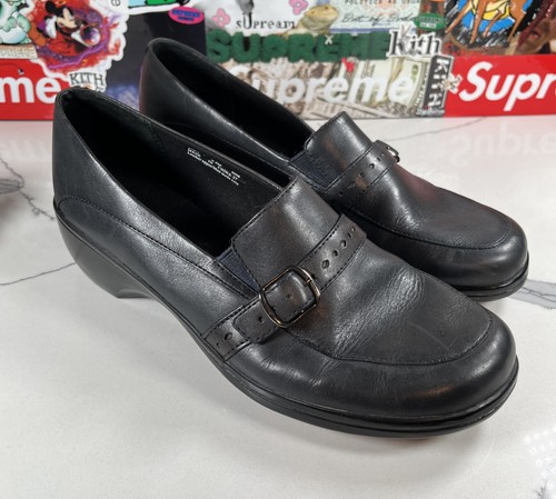 CLARKS Rosemarie Black Shoes Leather Women 9.5M Slip On Loafers Buckle ...