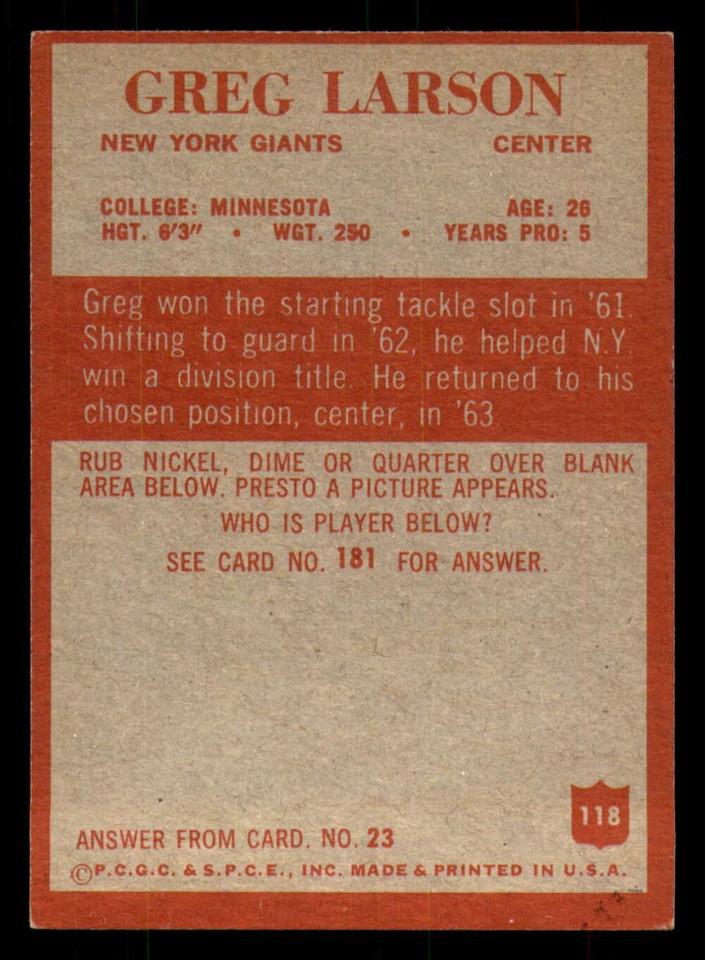 1965 Philadelphia #118 Greg Larson Excellent+ RC Rookie NY Giants ID ...