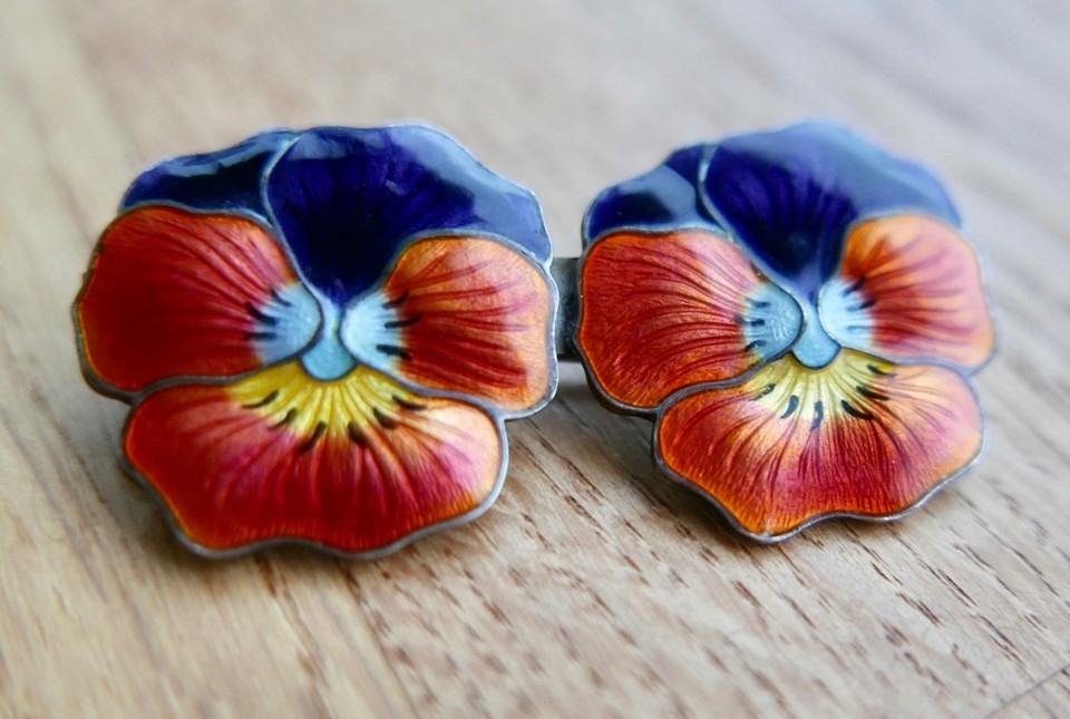 COLOURFUL VINTAGE ART DECO STERLING SILVER ENAMEL DOUBLE FLOWER PANSY ...