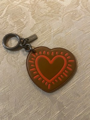 COACH X KEITH HARING Brown Leather & Bright Orange HEART BAG CHARM ...