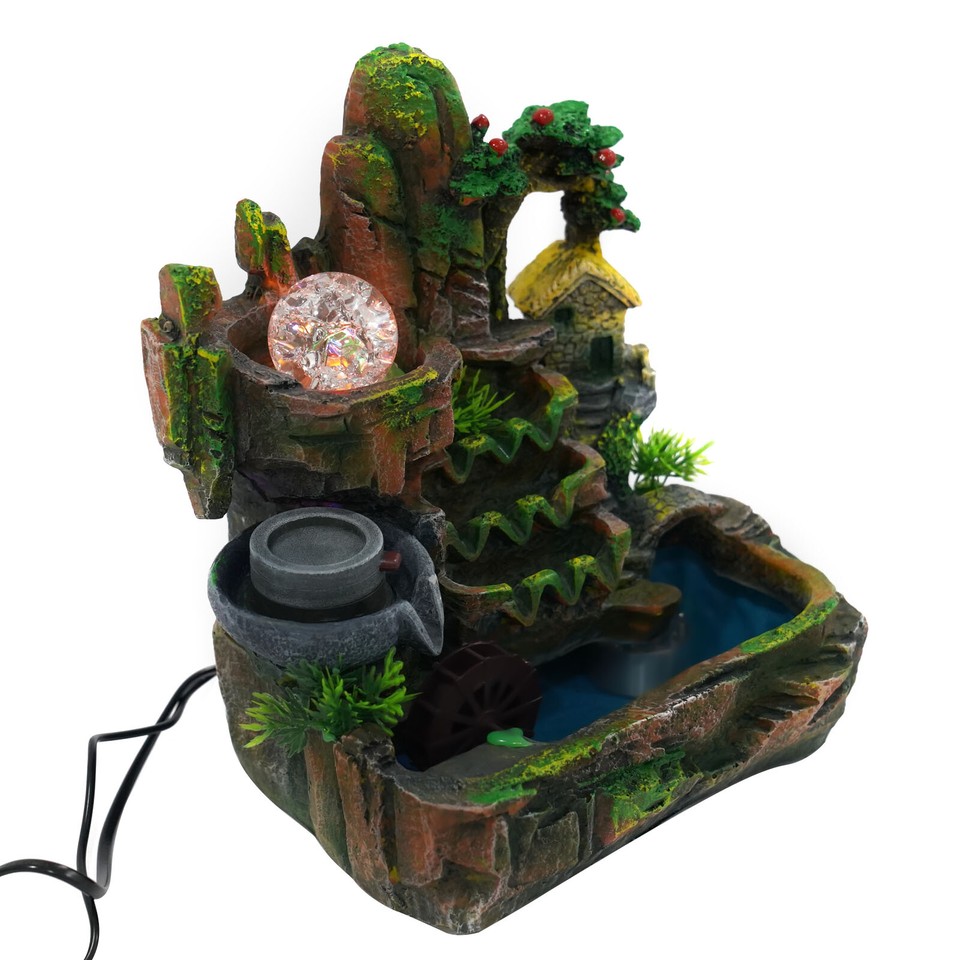 Desktop Fountain Rock Waterfall Humidifier with Artificial Tree and LED ...