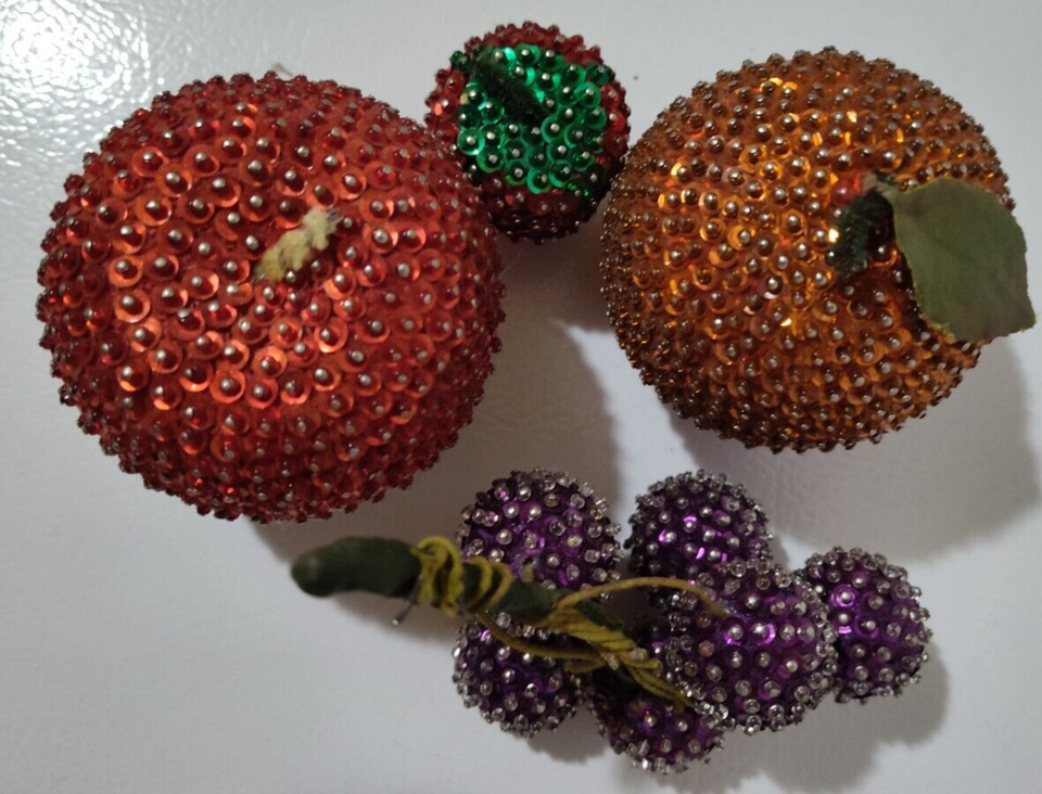 Vintage Sequin Push Pin Faux Fruit Decor orange apple strawberries ...
