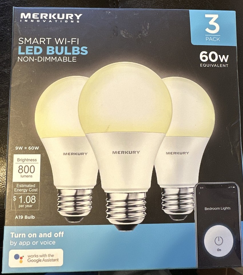 Merkury Innovations A19 Smart White LED Bulb 60W Non-Dimmable 3-Pack ...