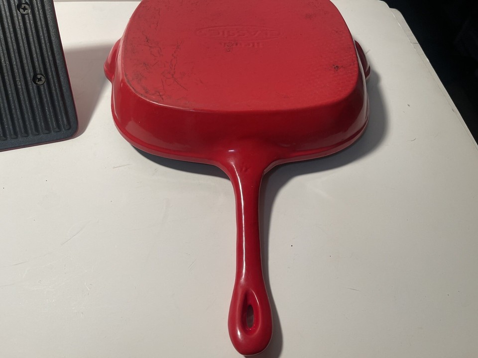 Enameled Cast Iron Skillet Grill Griddle With Lid, Square, Red, Unsure ...