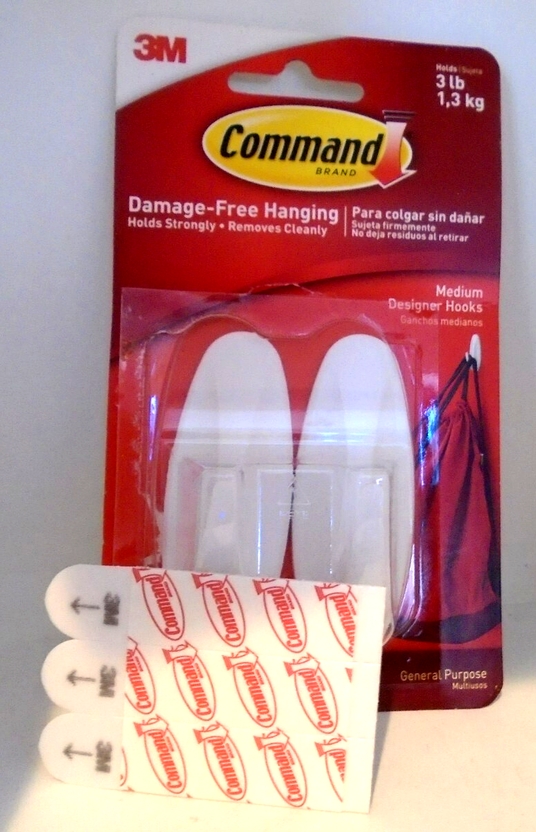 Command Medium Designer Hooks, White, 2 Hooks, Organize Wall Hanging 3 adhesives | eBay