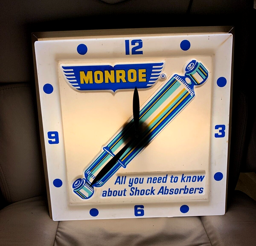 Vintage Monroe Shock lighted Clock Sign Oil Gasoline Service Station 15 ...