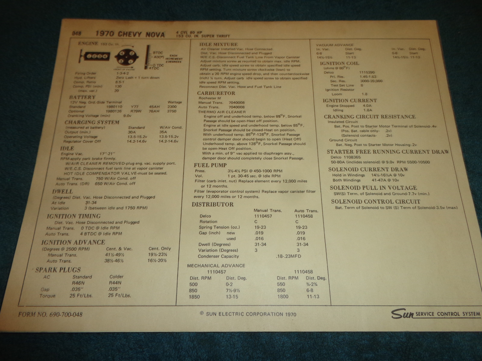 1970 CHEVROLET NOVA 153 I-4 ENGINE SUN TUNE-UP CHART / USEFUL ITEM! | eBay