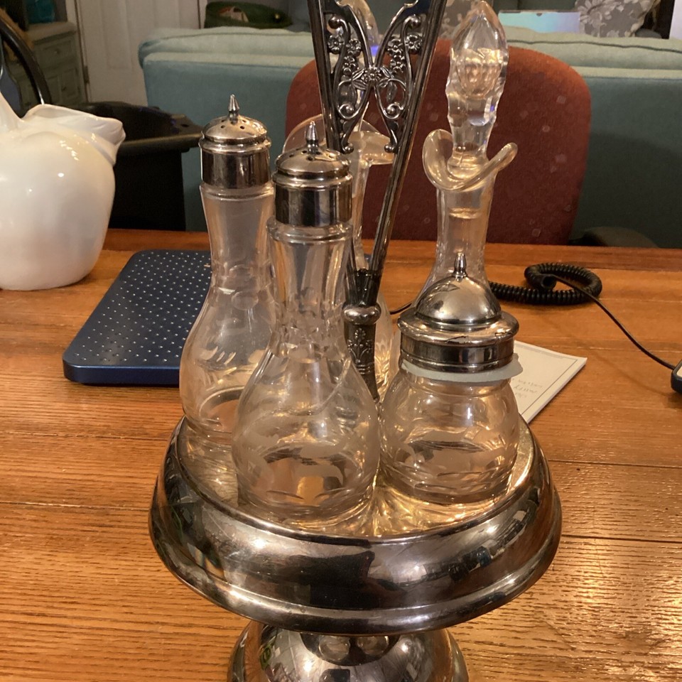 Antique silver plate Cruet 6piece set, Rotating, Triple Plated | eBay