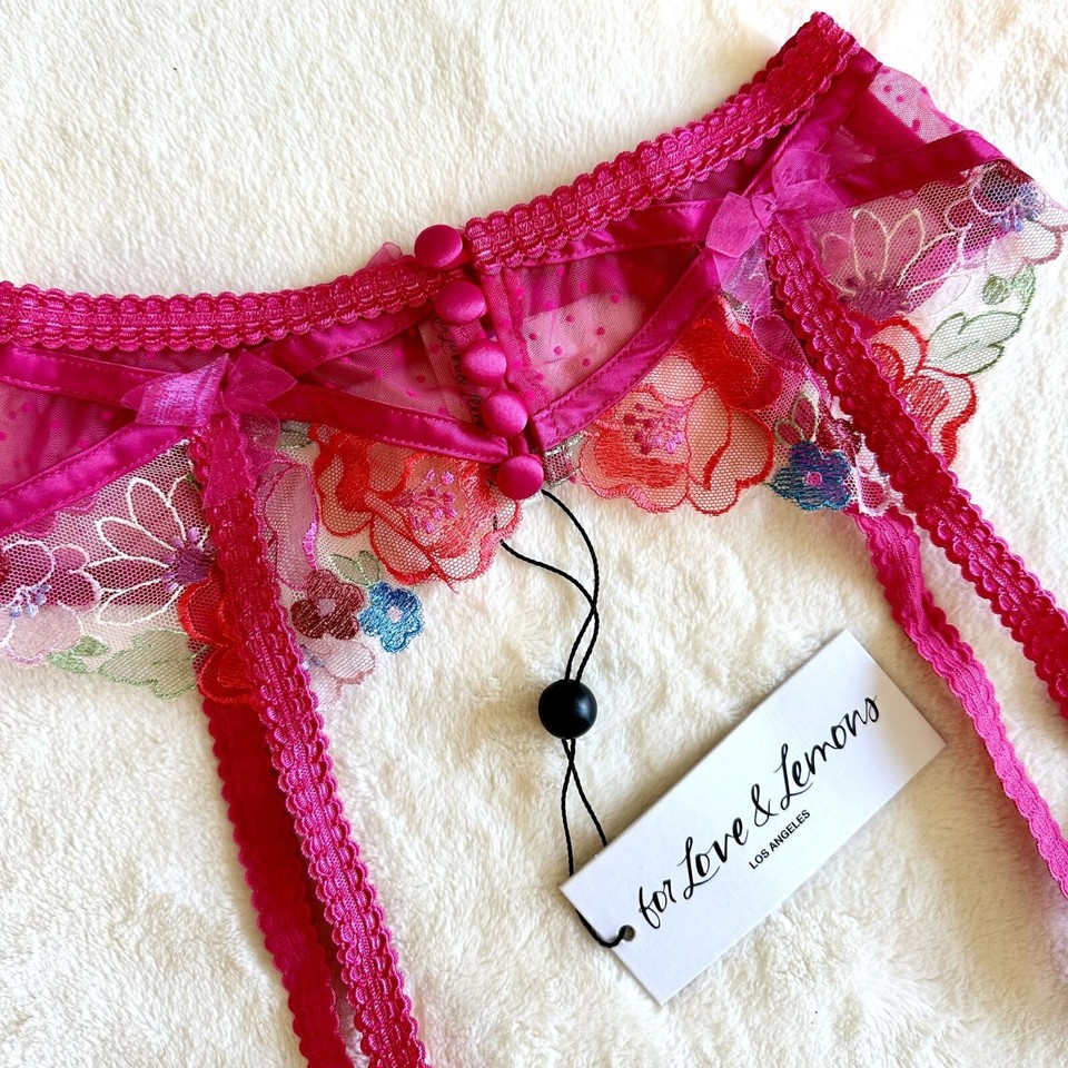 NWT For Love & Lemons Magenta Floral Button & Lace Hook Garter Belt ...