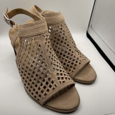 Franco Sarto Harlet tan leather suede open toe laser cut ankle strap ...