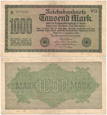 Post W.W.I "WEIMAR REPUBLIC" of GERMANY 1000 Mark Note DATED September ...