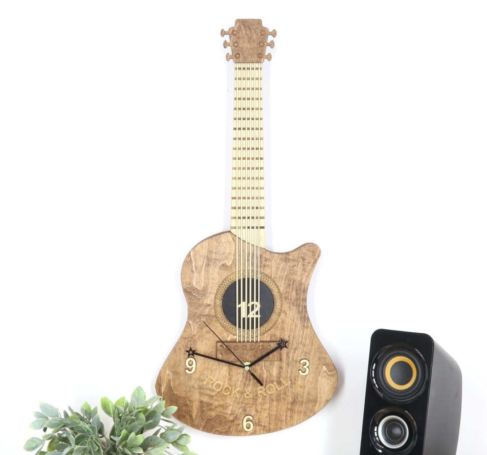 Personalized handcrafted Wooden Guitar Wall Clock, Guitar Clock, 3D ...