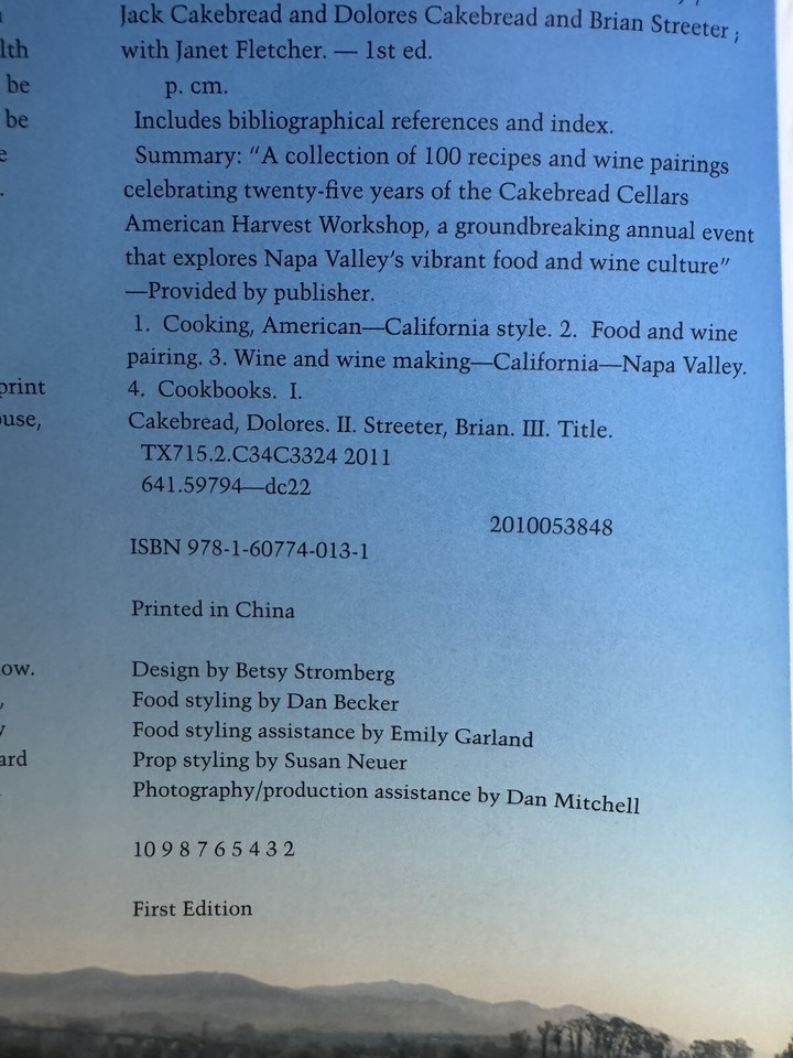 Cakebread Cellars American Harvest Cookbook 1st Edition Wine Food Napa ...