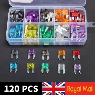 120Pcs Mini Blade Fuses Boxed Assorted Car Van Bike Fuse Set 5 10 15 20 ...