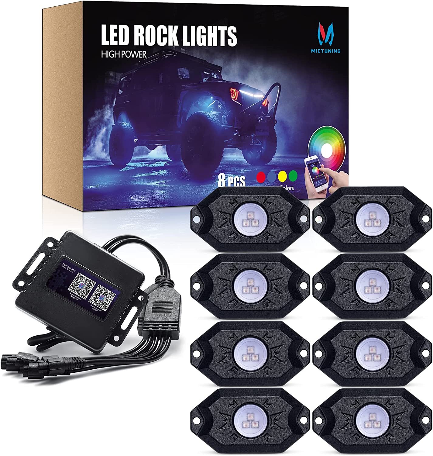 MICTUNING 2nd-Gen RGB LED Rock Lights Bluetooth 8 Pods Underbody Neon ...