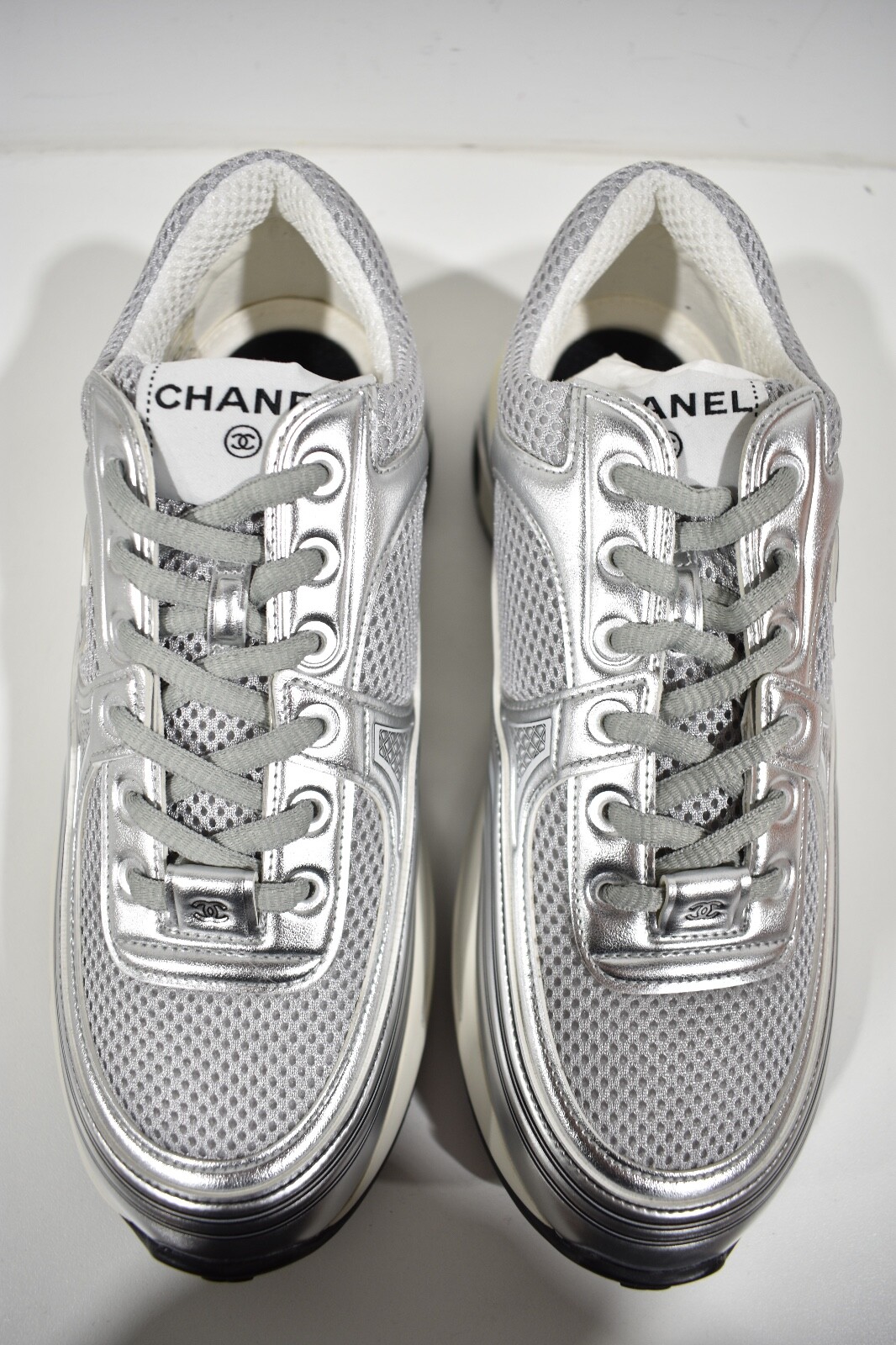 Chanel 23C Gray Silver Metallic CC Logo Lace Up Flat Runner Trainer ...