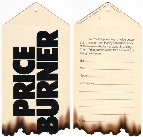 1984 Harley Davidson USED Motorcycles "Price Burner" Dealer Hang Tag ...