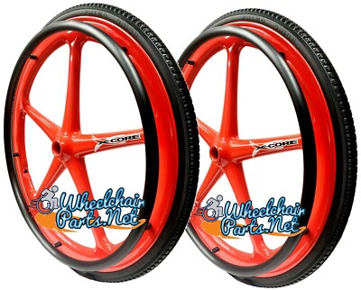 SET OF 2 RED X-CORE WHEELCHAIR WHEELS 5 SPOKE 24 X 1 3/8" WITH SOLID ...