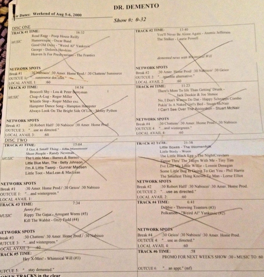 RADIO SHOW: DR DEMENTO 8/5/00 TINY TIM, RANDY NEWMAN, LONNIE DONEGAN, WOMENFOLK | eBay