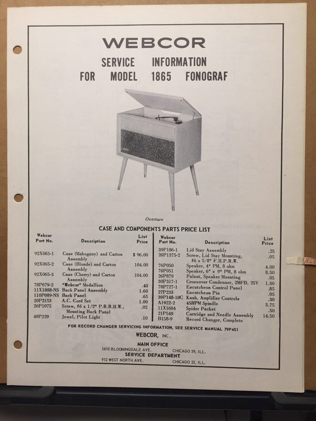 OEM Service Manual ~ Webcor 1865 Fonograf Record Changer Turntable | eBay