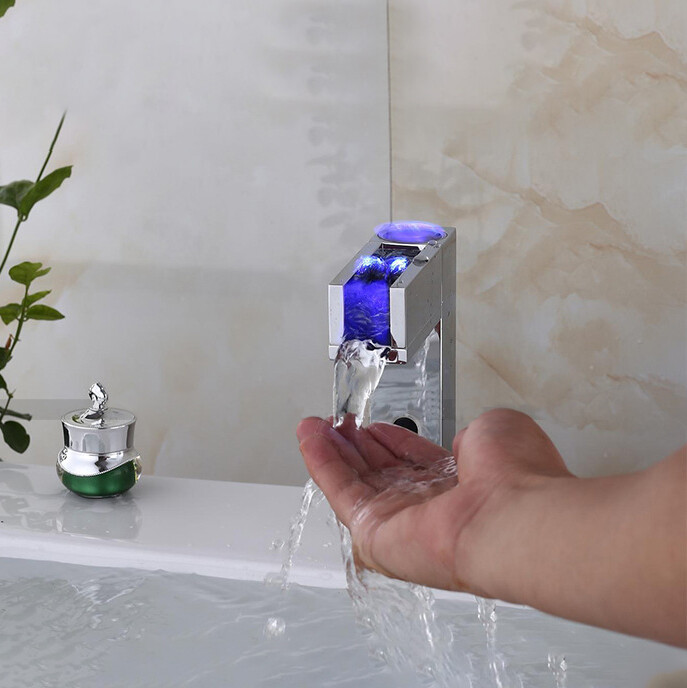Bathroom LED Touchless Vanity Basin Mixer Sensor Faucet Waterfall Taps ...