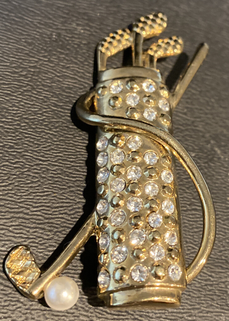 Shimmering Gold Tone Golf Bag / Clubs Pin - Crystal Rhinestone Brooch ...