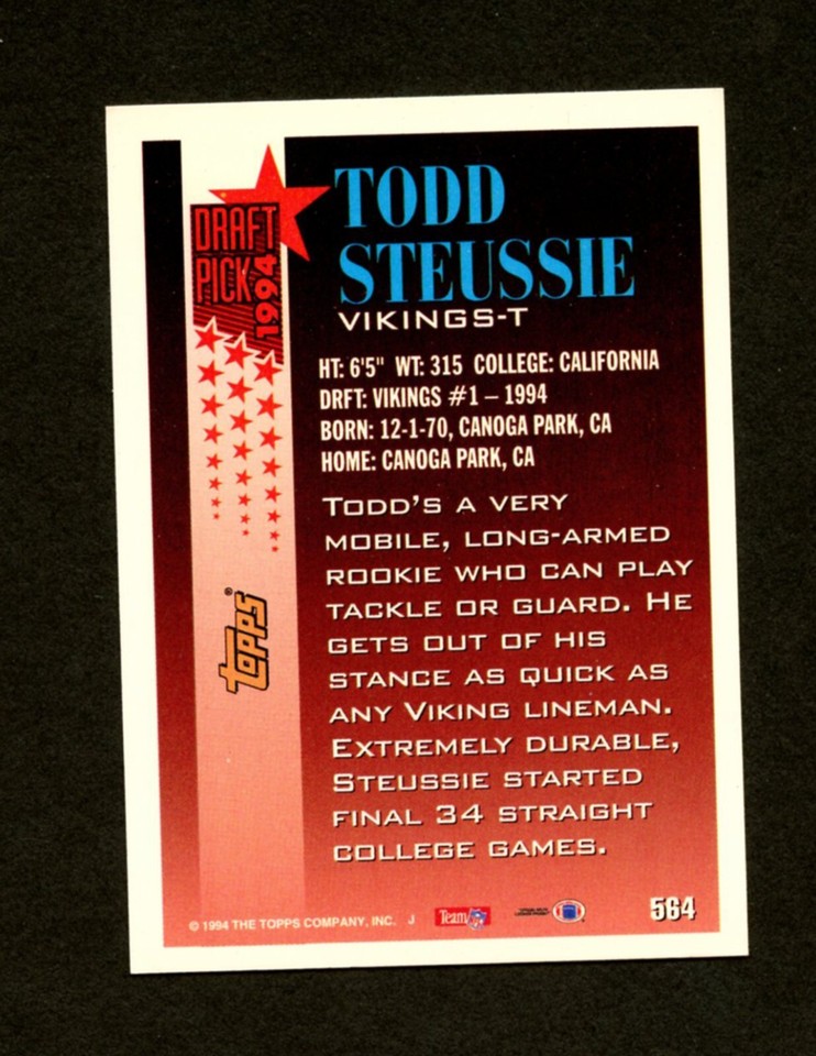 1994 Topps Todd Steussie #564 Autographed Rookie Card ~ Minnesota ...