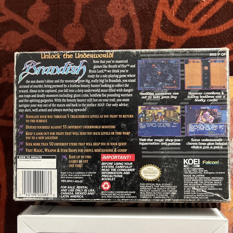 Brandish Super Nintendo Box/Cartridge/Instruction Booklet No Map SNES ...