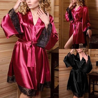 Womens Lace Satin Silk Kimono Robe Sleepwear Sexy Long Bride Night ...