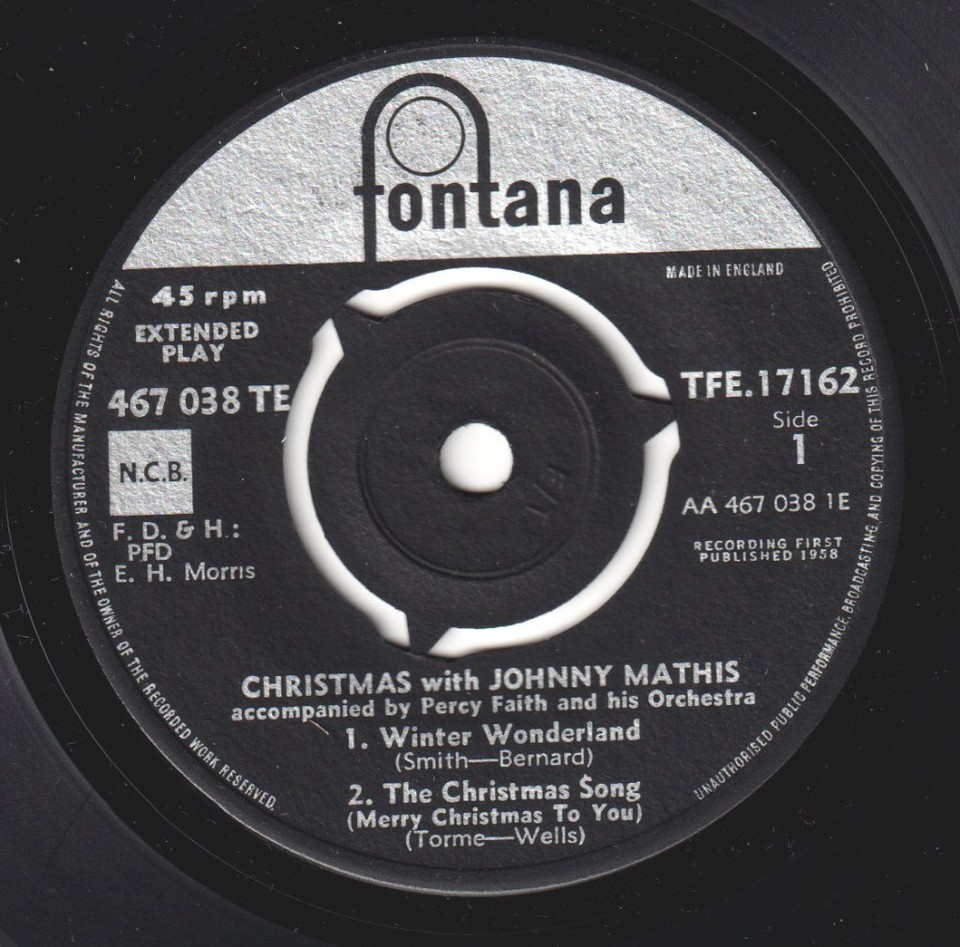 Johnny Mathis Christmas With 7" vinyl UK Fontana 1958 ep 3 prong label ...