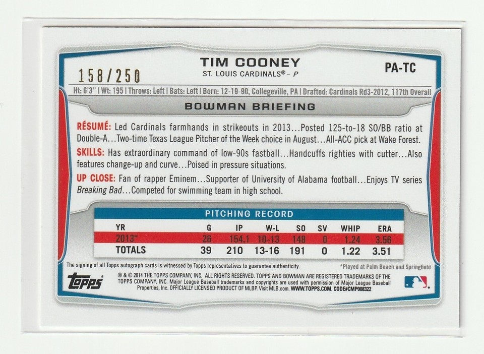 TIM COONEY 2014 Bowman 1st Prospect Autograph Orange 158/250 ST. LOUIS ...