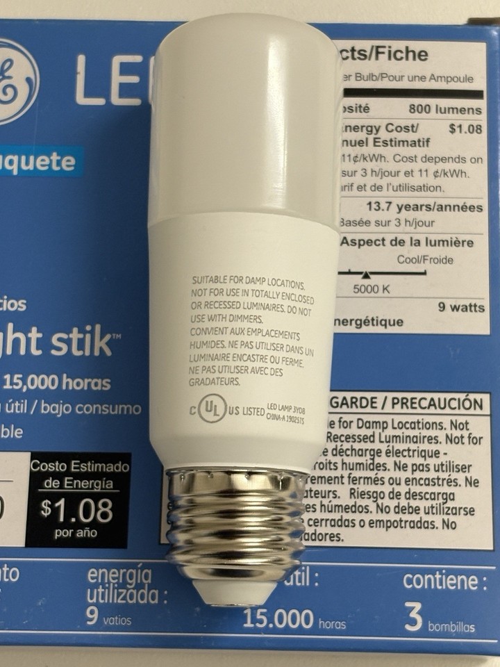 GE Bright Stik 9W LED Bulbs (3-Pack) – 5000K Daylight – 800 Lumens ...