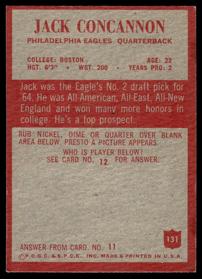 1965 Philadelphia Jack Concannon Rookie Philadelphia Eagles #131 | eBay