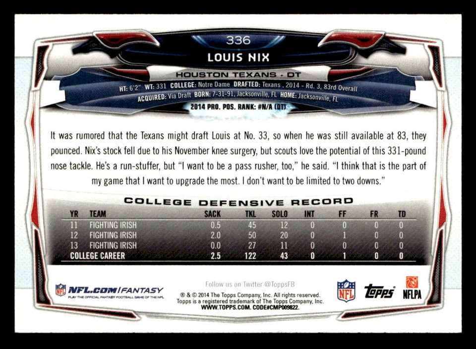 Louis Nix 2014 Topps Rookie Card #336 Houston Texans Notre Dame | eBay