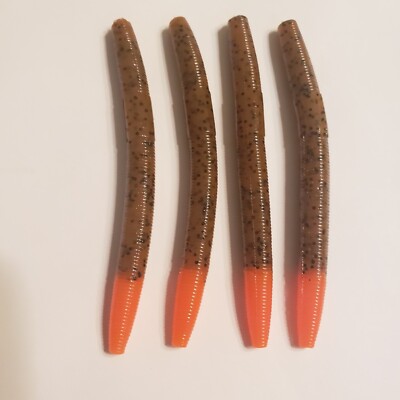 4" Stick Senko Style Pumpkinseed Orange Tail Salty Worm QTY 25 NEW RARE ...